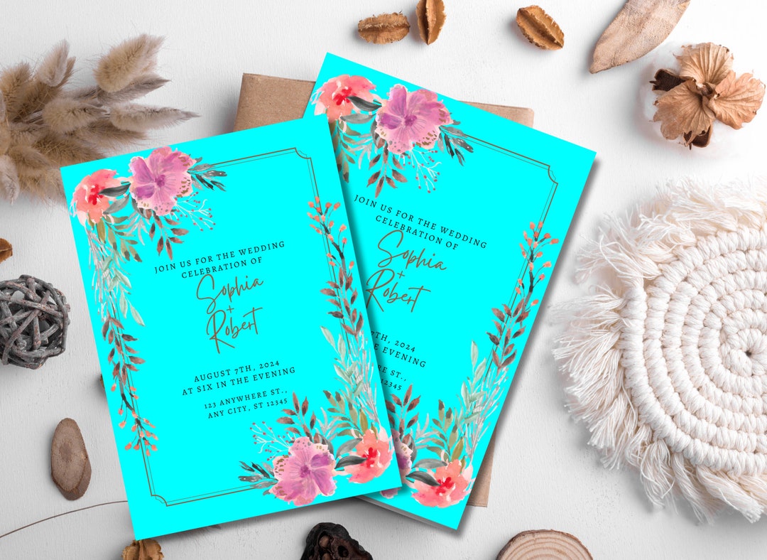 Aqua Blue Wedding Invitation Card Template,watercolor Floral and ...