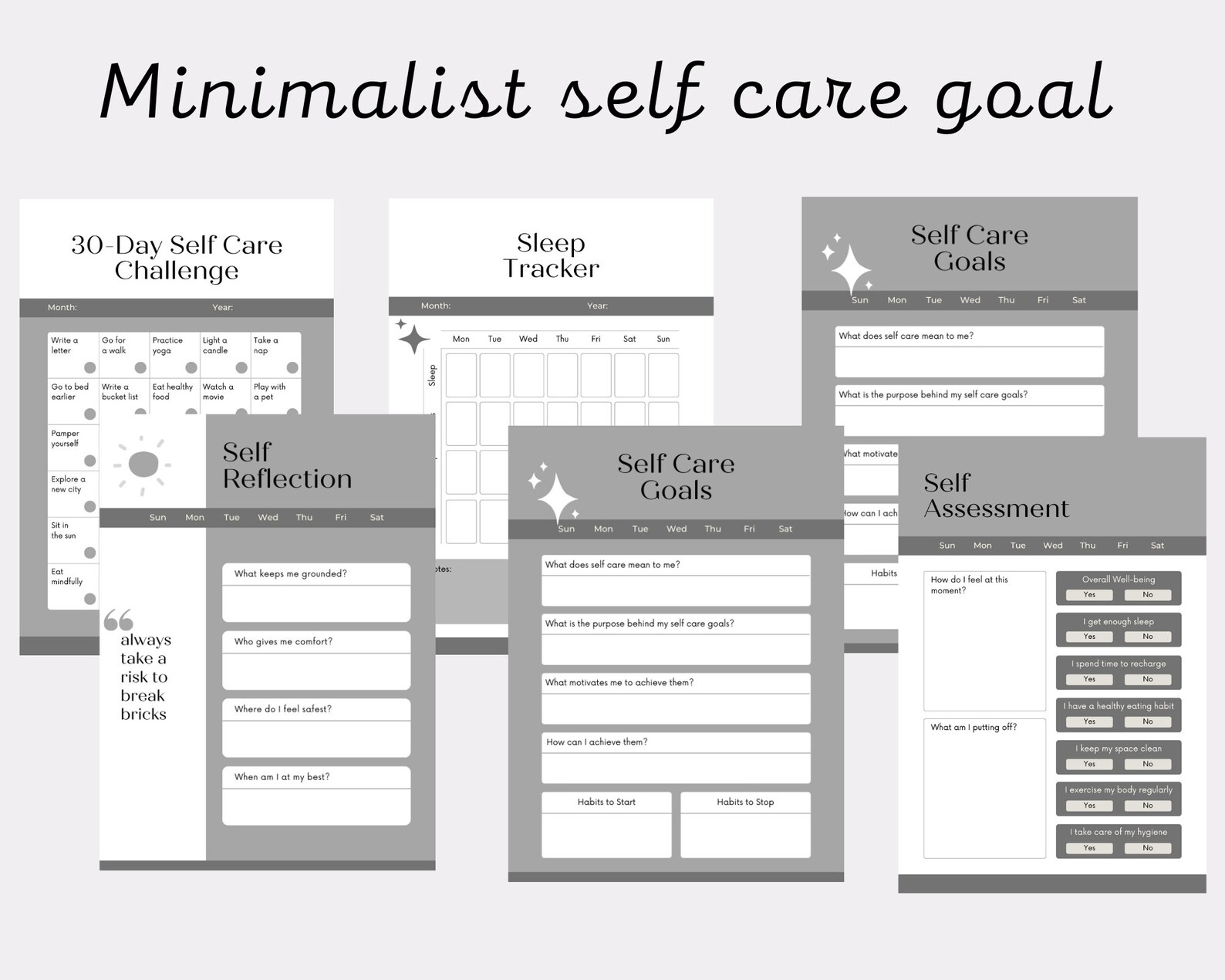 White and Ash Self Care Checklist, Printable, Digital PDF, Weekly Self ...