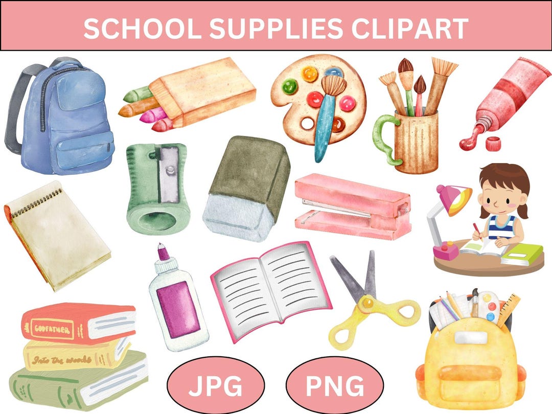 Watercolor School Supplies Clipart Set: Back to School Graphics (PNG ...