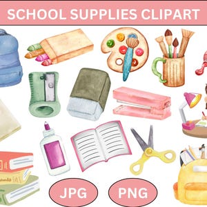 Watercolor School Supplies Clipart Set: Back to School Graphics (PNG ...