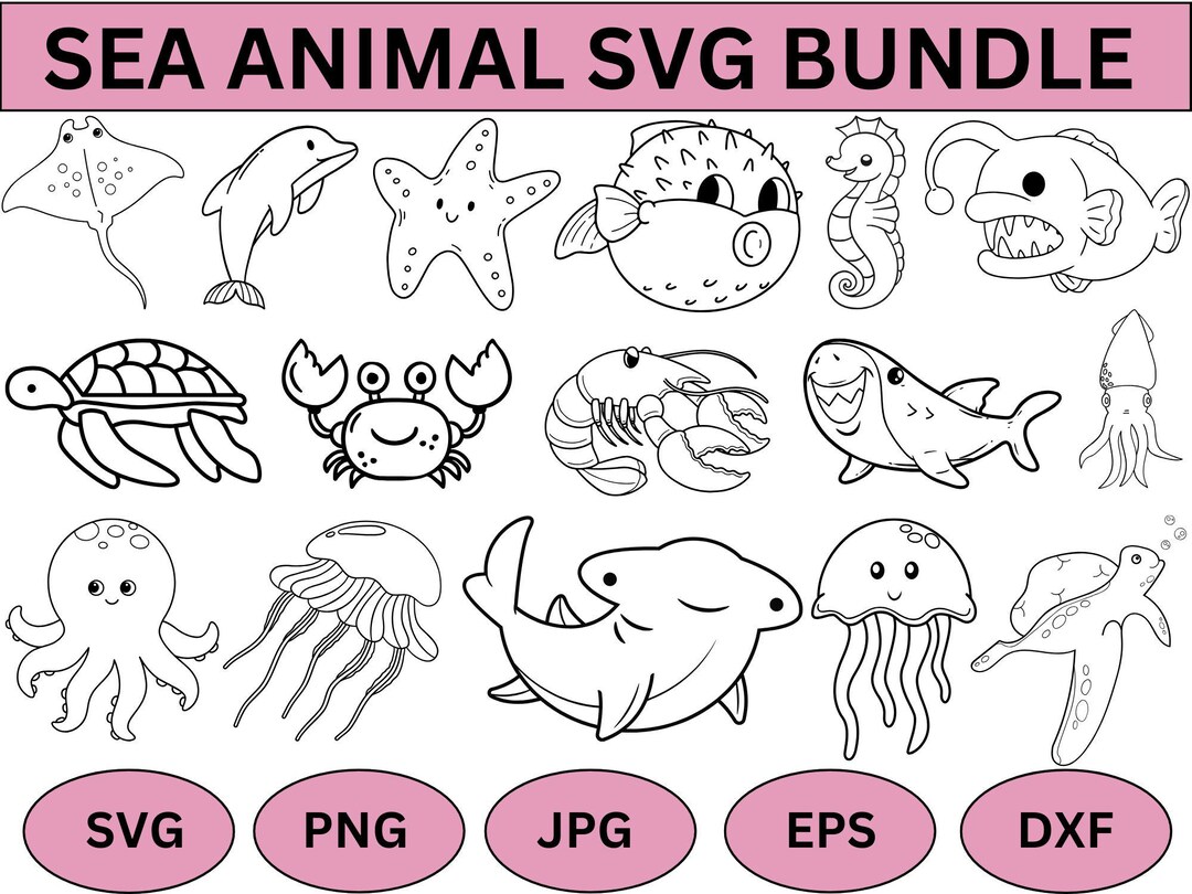 Sea Animals SVG Bundle: Ocean Clipart, Shark, Octopus, Fish (digital ...