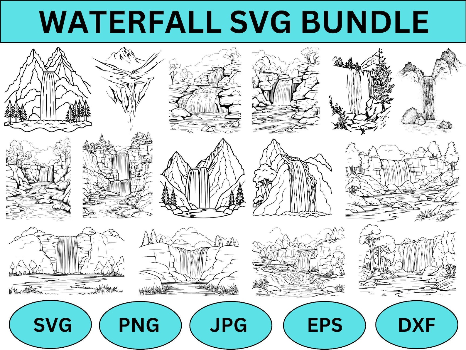 Waterfall Scene SVG Bundle: Mountain Landscape Vector Clipart (instant ...