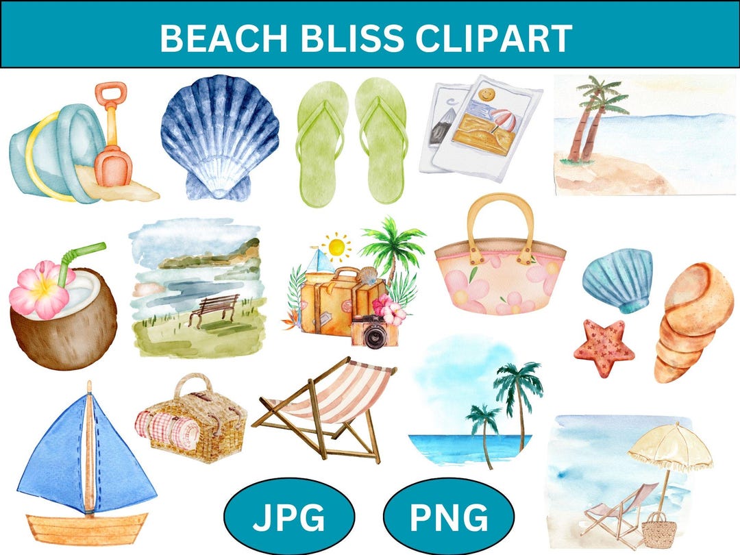 Watercolor Beach Clipart Bundle: Summer Ocean Scenes (digital Download ...