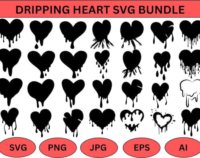 Heart Svg Bundle, Dripping Heart Svg Bundle, Black Dripping Heart Svg ...
