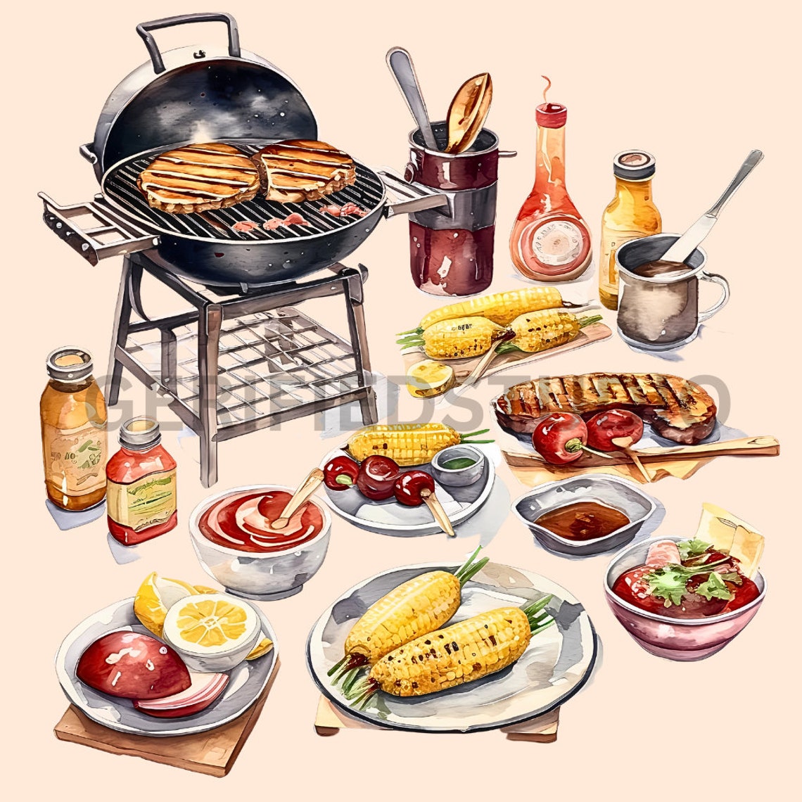 134 Watercolor BBQ Clipart Bundle Barbecue Clipart, Summer Barbecue ...