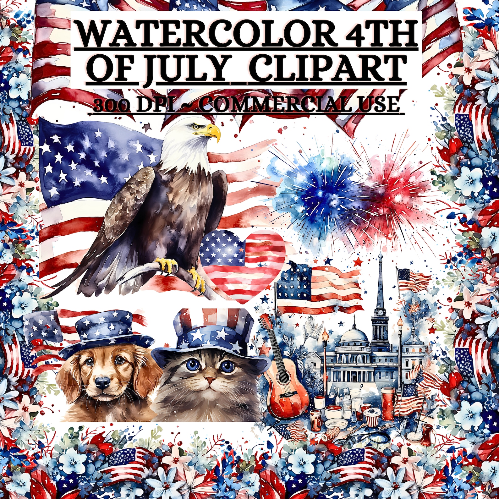 Watercolor Fourth of July Clipart Bundle 140 DIGITAL PNG - Etsy