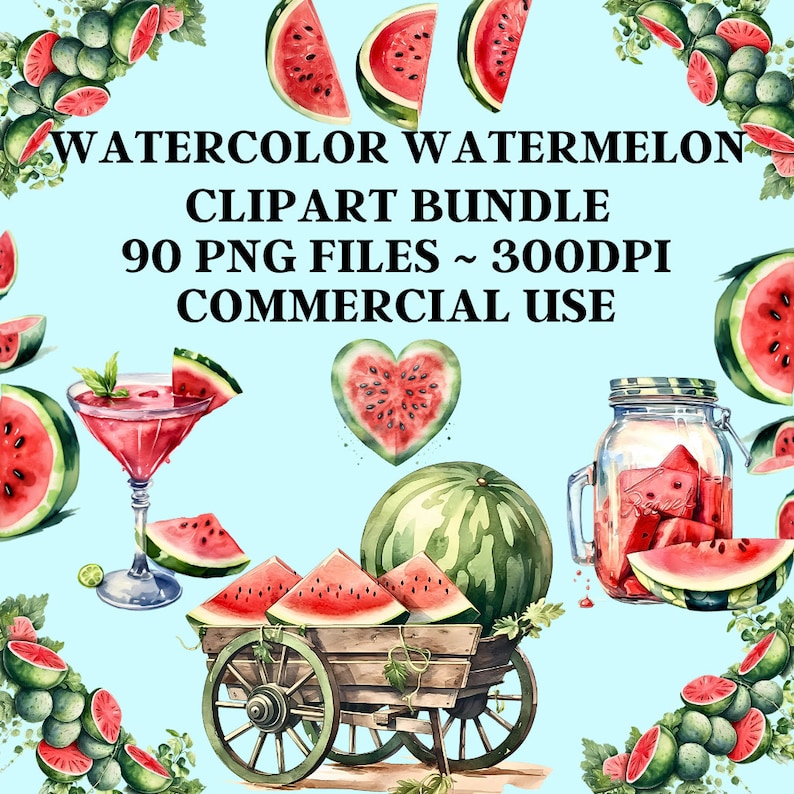 90 Watermelon Watercolor Clipart Bundle Collection - Instantly Download ...