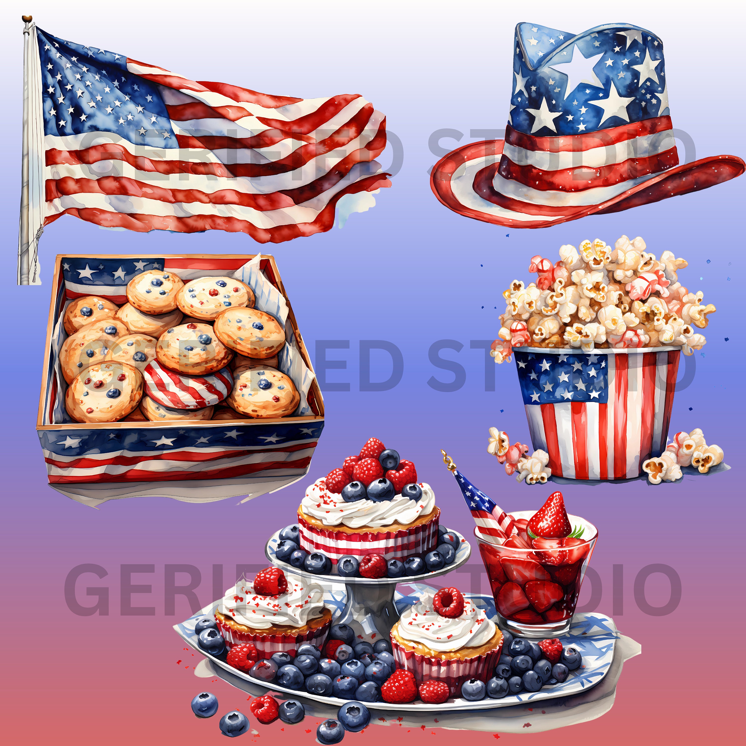 Watercolor Fourth of July Clipart Bundle- 140 DIGITAL PNG Graphics for ...