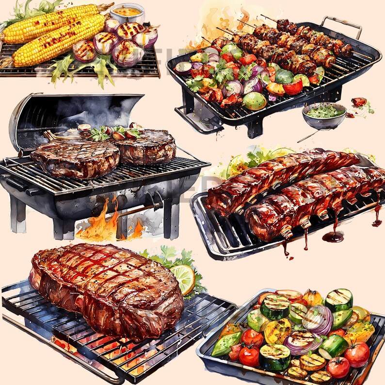 134 Watercolor BBQ Clipart Bundle - Barbecue Clipart, Summer Barbecue ...