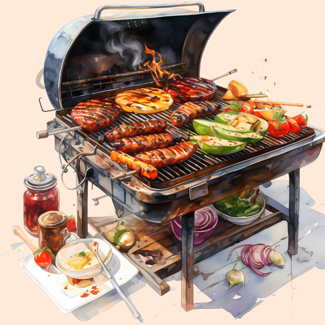 134 Watercolor BBQ Clipart Bundle Barbecue Clipart, Summer Barbecue ...