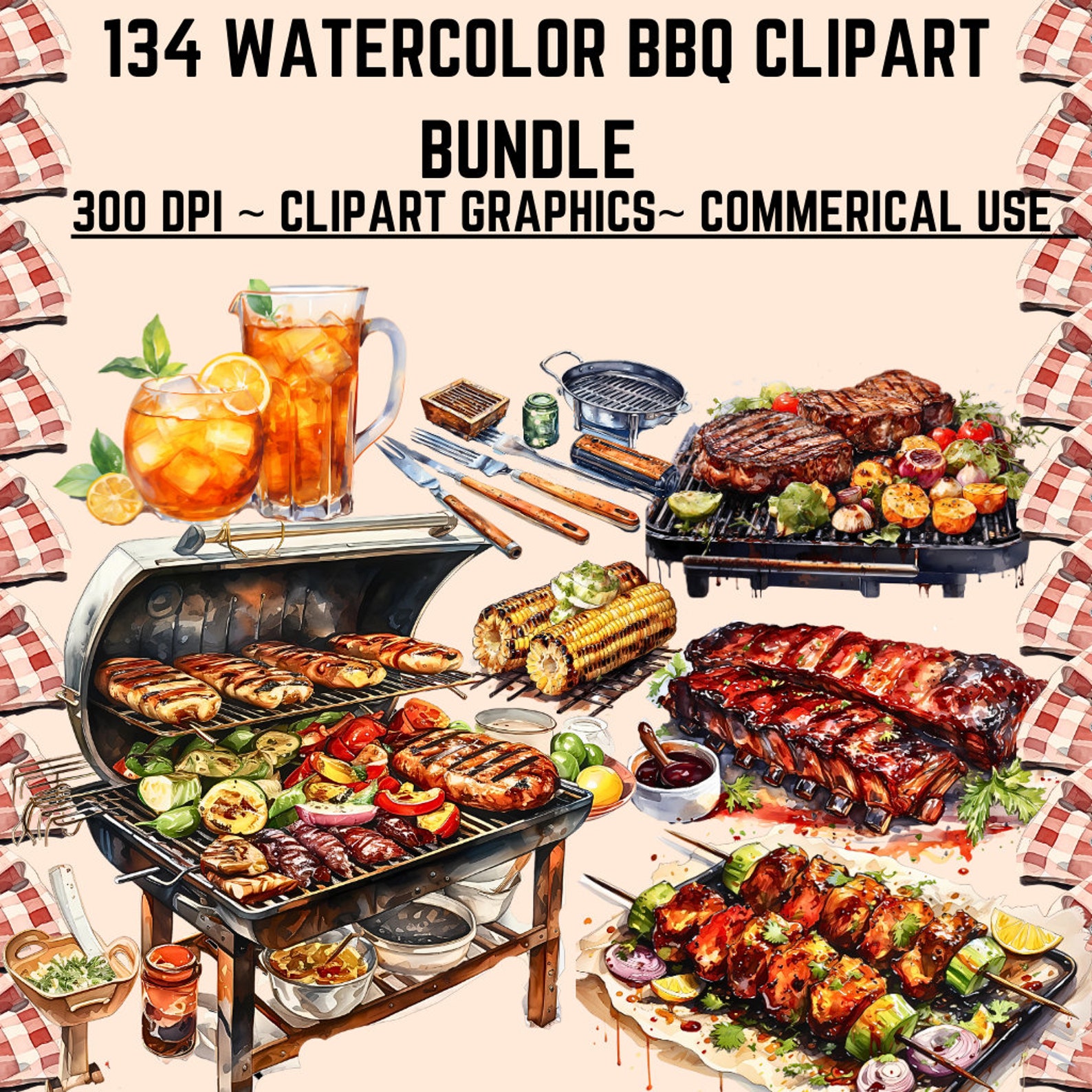 134 Watercolor BBQ Clipart Bundle - Barbecue Clipart, Summer Barbecue ...