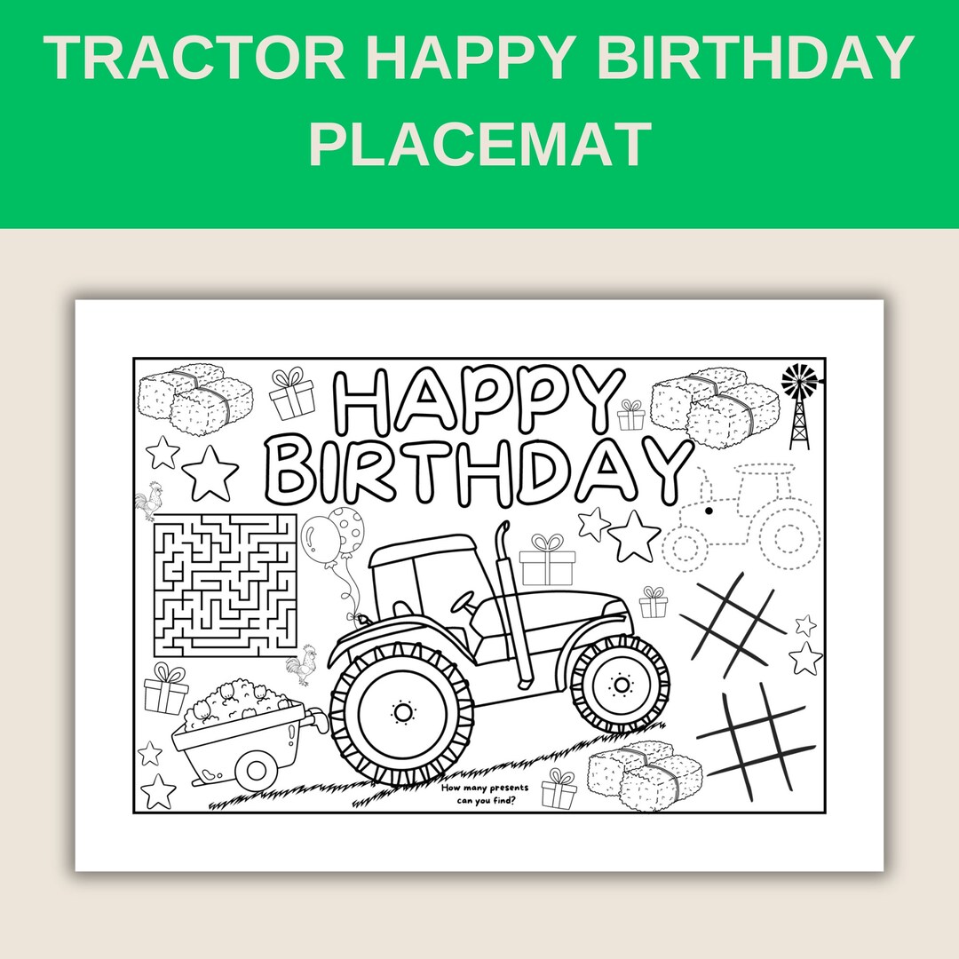 Tractor Birthday Placemat: Kids Coloring Party Activity (digital ...
