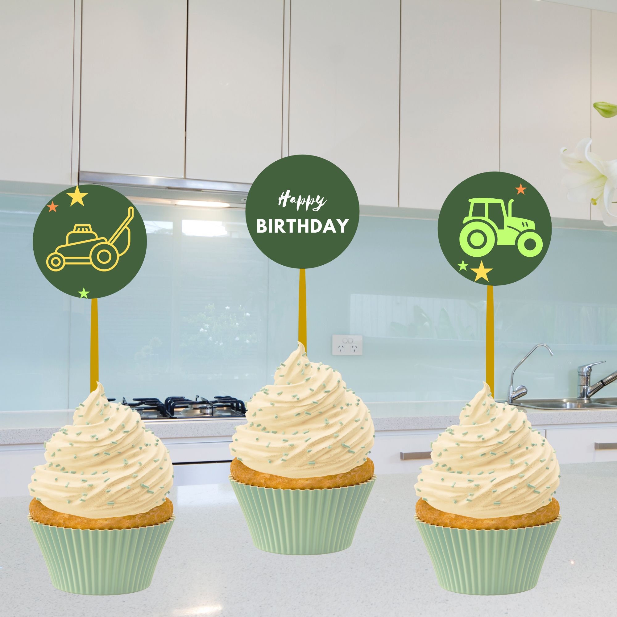 Lawn Mower Cupcake Toppers Printable: Yellow Lawn Mower, Cupcake ...