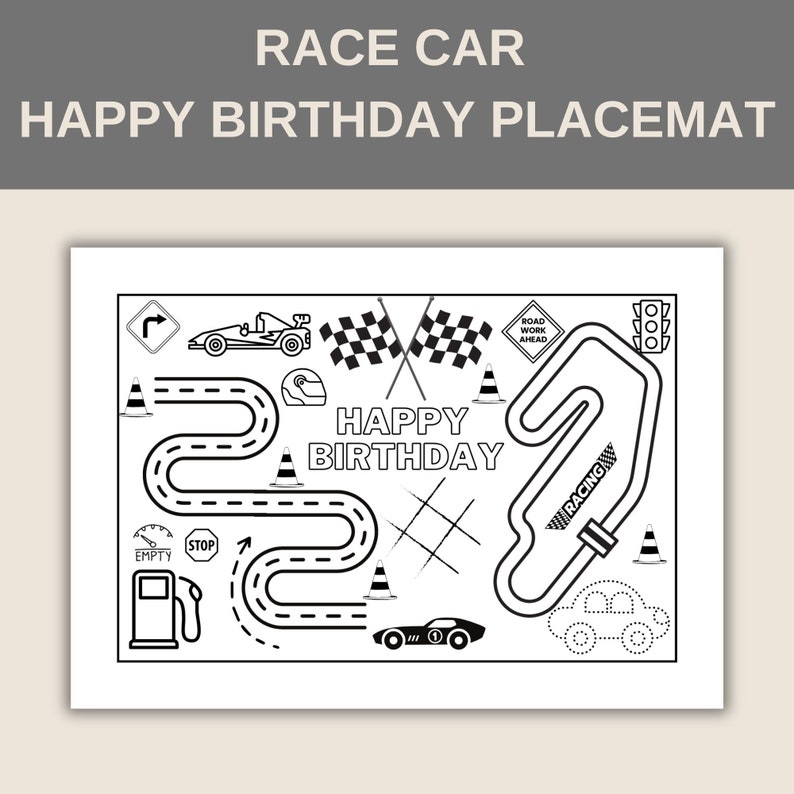 Race Car Placemat, Happy Birthday Placemat, Printable, Colouring ...