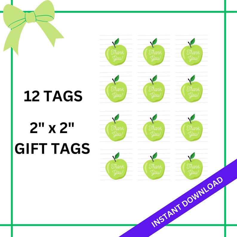 Green Apple Thank You Teacher Gift Tag Printable, Apple School Teacher ...