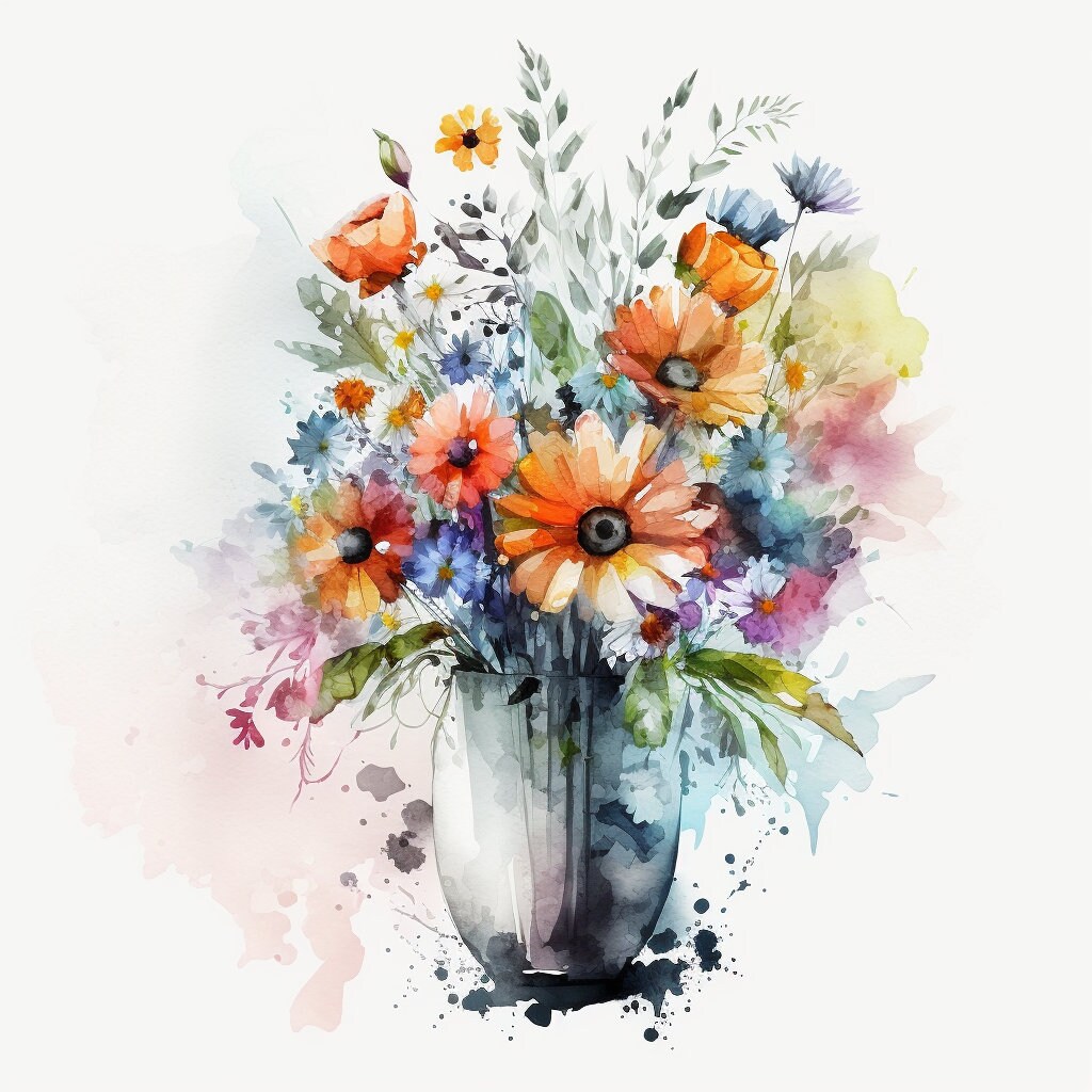 20 Watercolor Flowers in a Vase Clipart High Quality Vase of Flowers ...