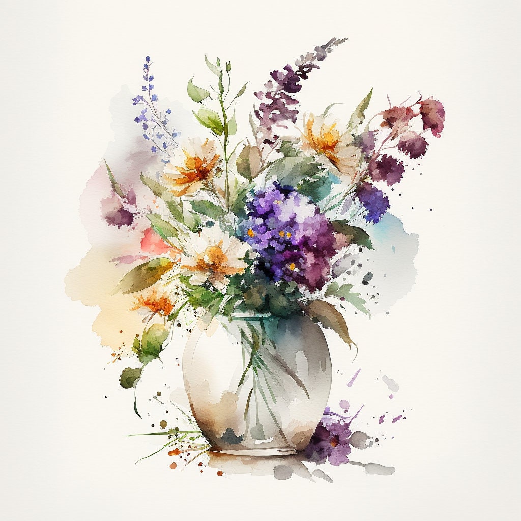20 Watercolor Flowers in a Vase Clipart High Quality Vase of Flowers ...