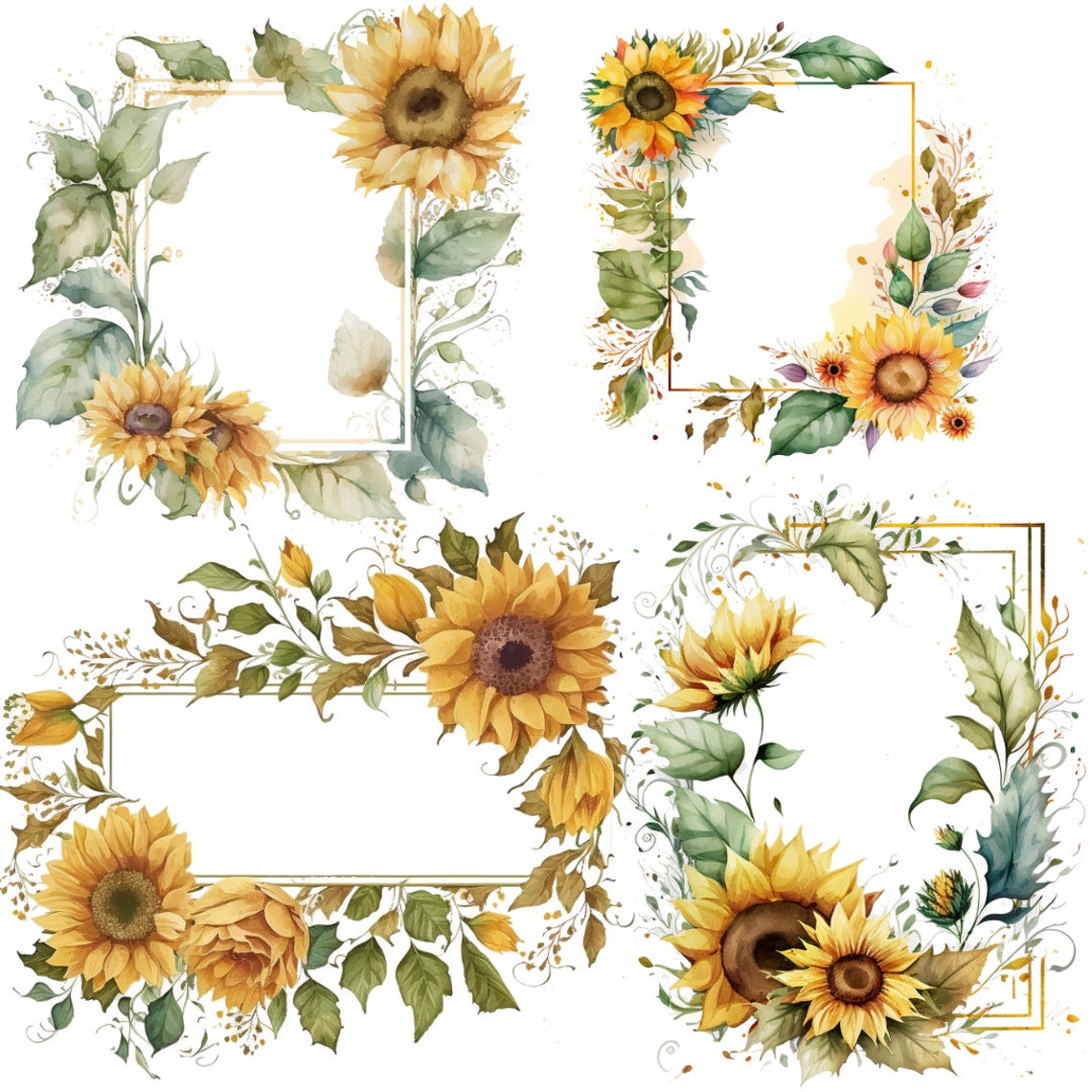 Set of 1 Sunflower Frame Clipart Floral Border Watercolor Flower Summer ...