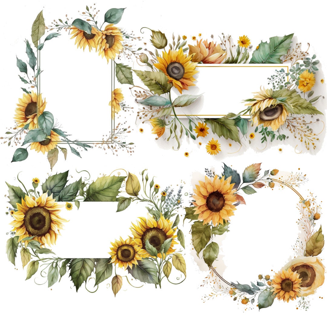 Set of 1 Sunflower Frame Clipart Floral Border Watercolor Flower Summer ...