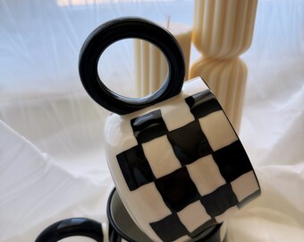 Ceramic Checkerboard Mug Coffee Mug Brown & Black Check Mug Cappuccino ...