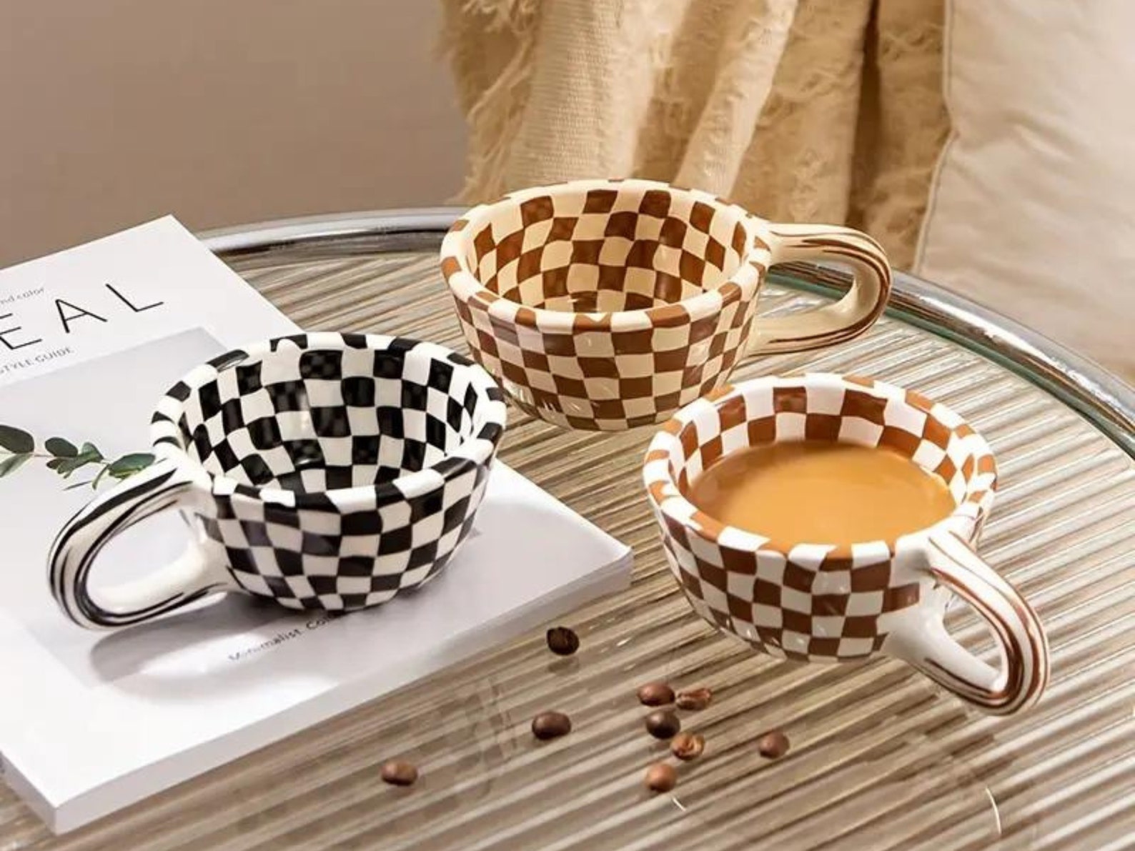 Ceramic Checkerboard Mug Coffee Mug Brown & Black Check Mug Cappuccino ...