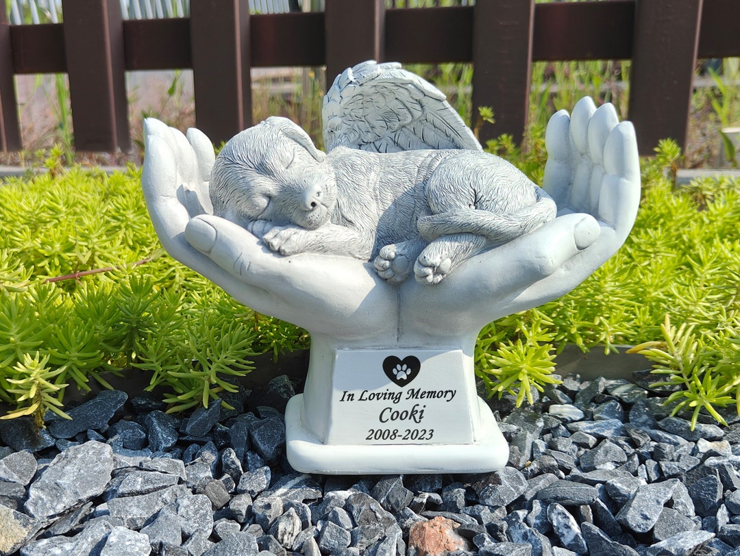 Personalized Angel Dog Memorial Statue, Resting in Peace in God's Hands ...
