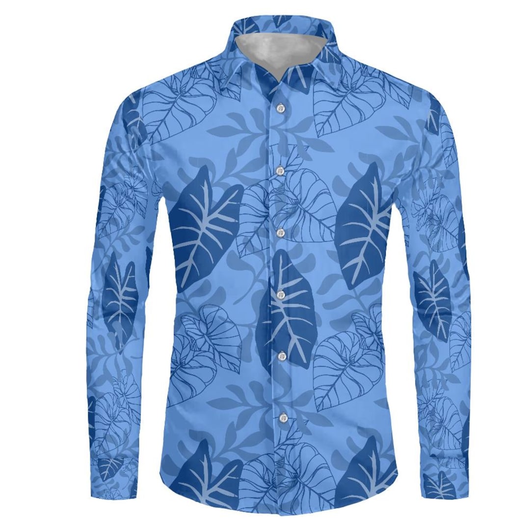 New Men's Long-sleeved Shirts, Blue Aloha Print Casual Shirt, Hawaiian ...