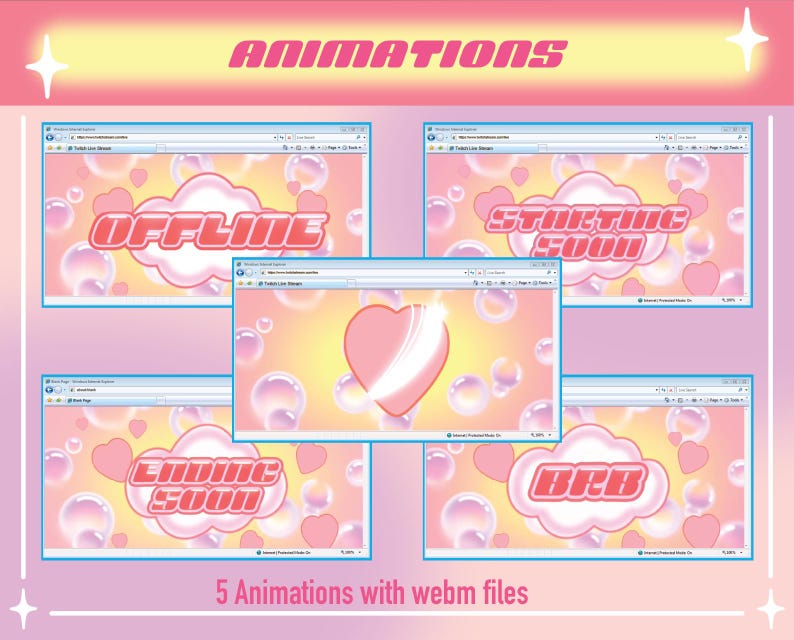 Y2K Animated Stream Overlay Package: Cloud Sunset, Hearts, Bubbles - Etsy