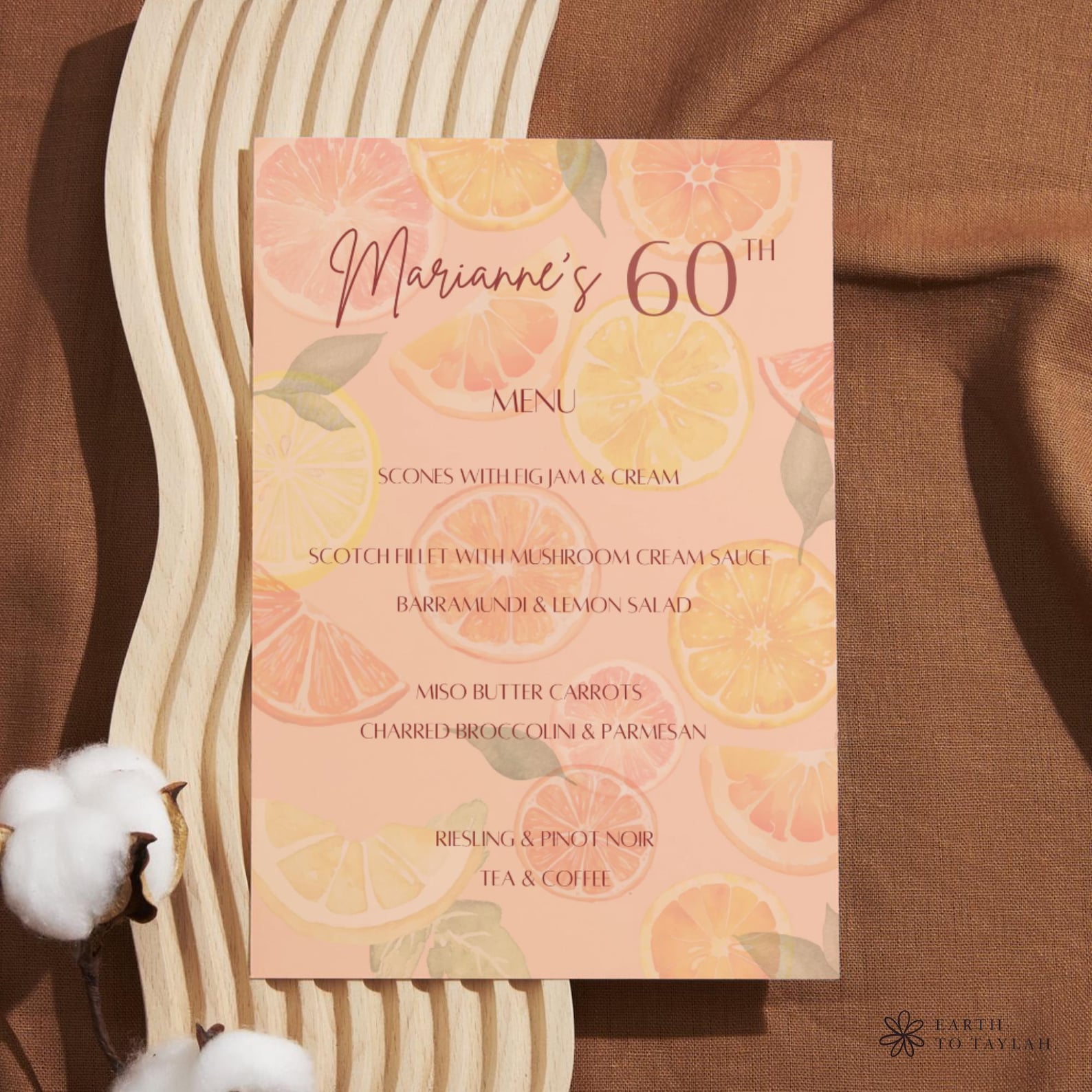Citrus Lunch Dinner High Tea Birthday Menu, Lemons Limes Oranges Leaves, Summer Bright Menu ...