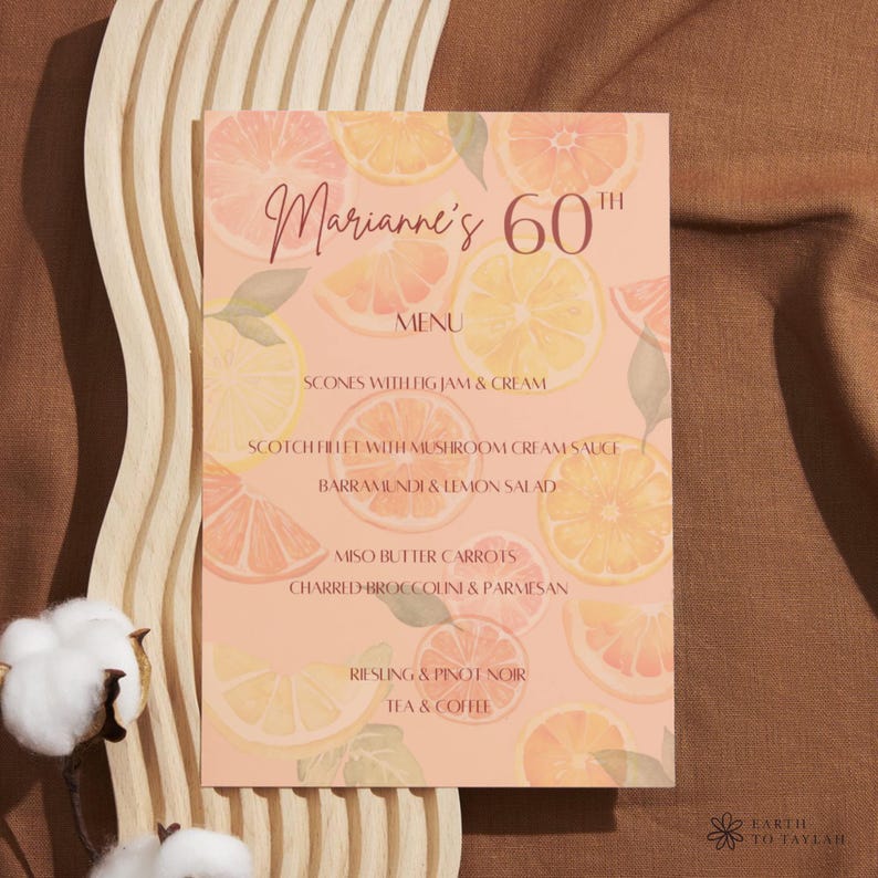 Citrus Lunch Dinner High Tea Birthday Menu, Lemons Limes Oranges Leaves ...