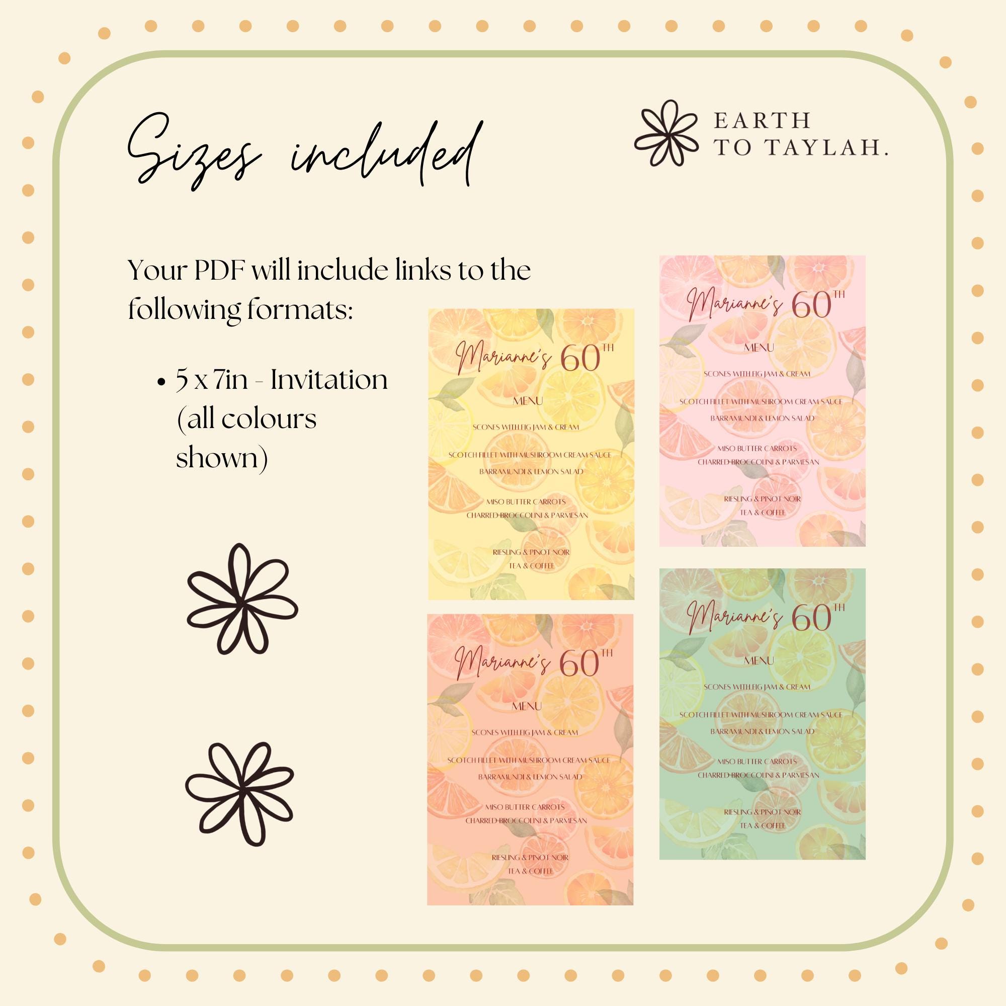 Citrus Lunch Dinner High Tea Birthday Menu, Lemons Limes Oranges Leaves, Summer Bright Menu ...