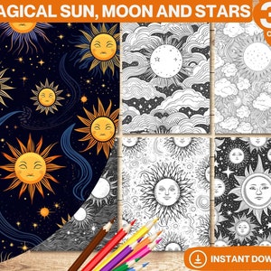 Magical Sun, Moon and Stars Coloring Book | Adults Kids Grayscale ...