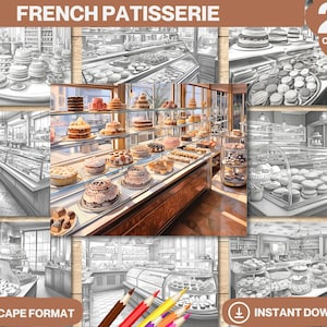 French Patisserie Pastry Coloring Books | Grayscale Coloring Sheet ...