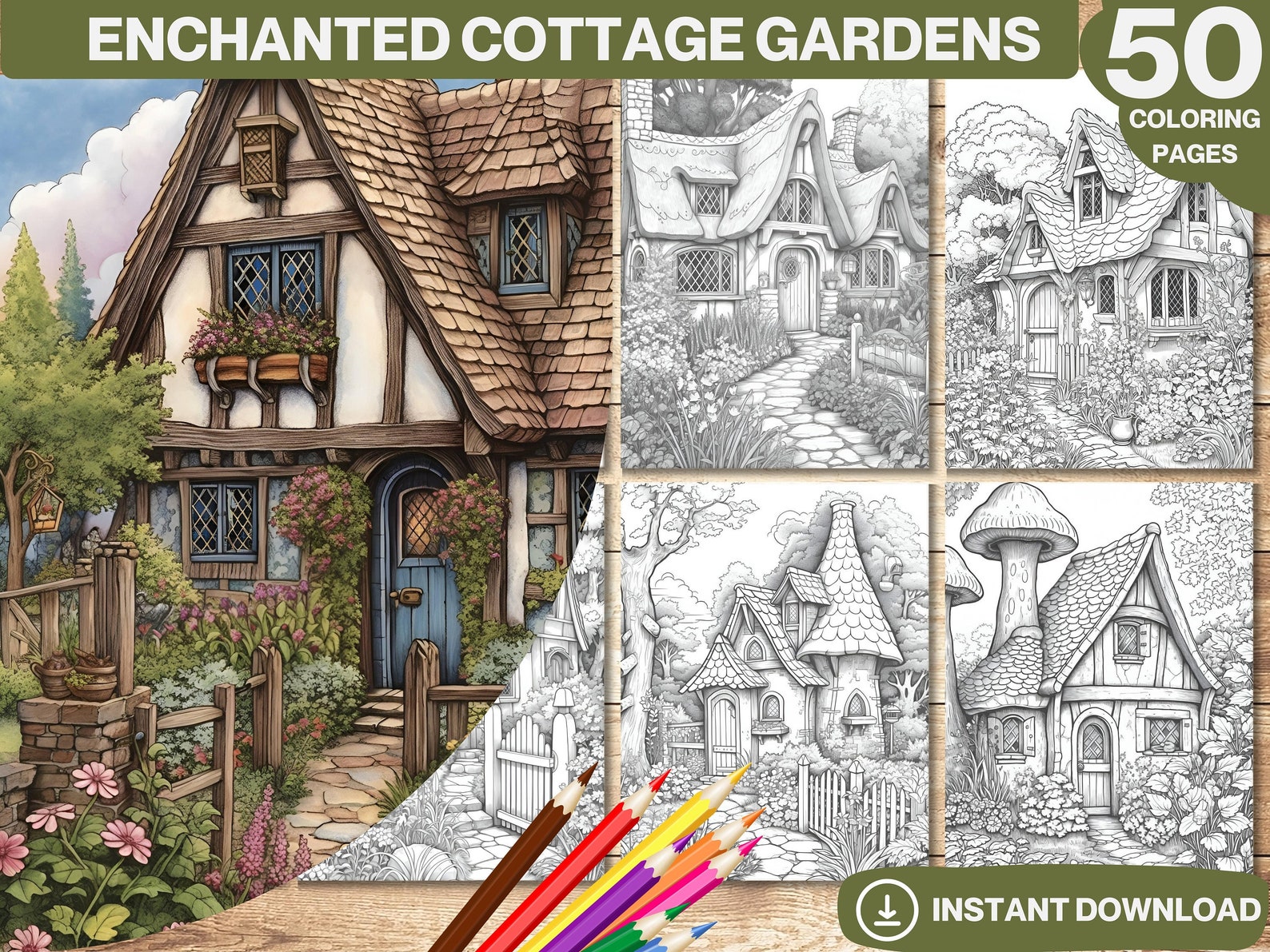 50 Enchanted Cottage Gardens Coloring Book: Grayscale Tree Houses ...