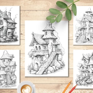 50 Enchanted Stone House Coloring Pages: Grayscale Cottages (printable ...