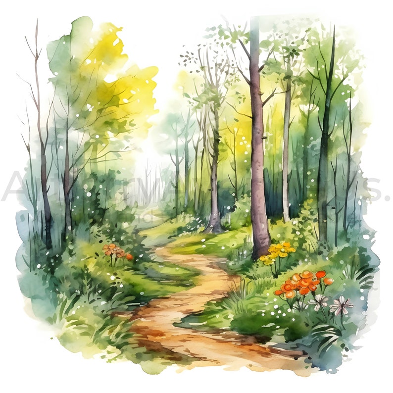 Watercolor Spring Forest Clipart – Nature JPG Images (digital Download ...
