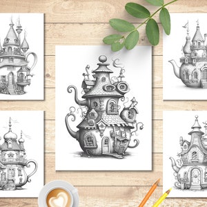 Teapot House Coloring Book | Whimsical Teapot Fairy House Coloring ...