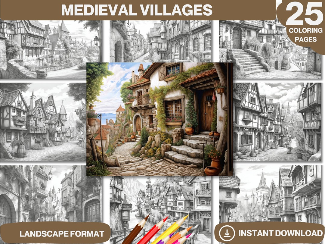 Medieval Villages Coloring Book | Days Era Historic Architecture | for ...