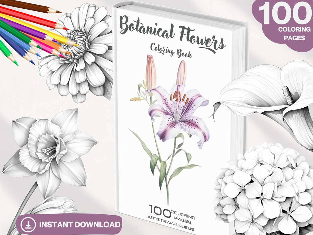 Botanical Flowers Coloring Book: 100 Grayscale Pages (printable PDF) - Etsy
