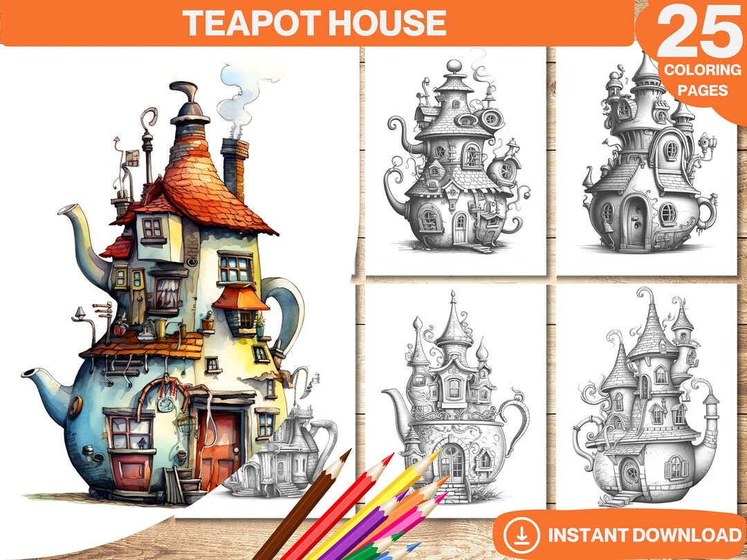 Teapot House Coloring Book | Whimsical Teapot Fairy House Coloring ...