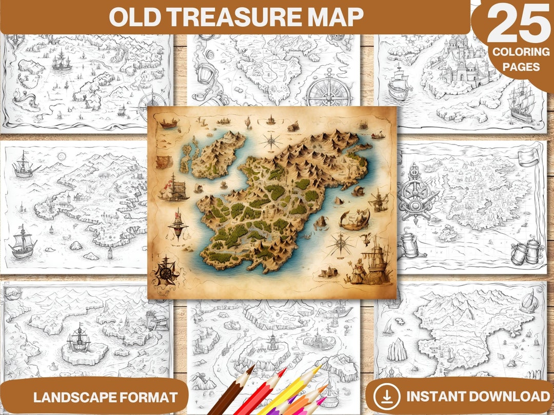 Old Treasure Map Coloring Book | Printable Adults and Kids Coloring ...