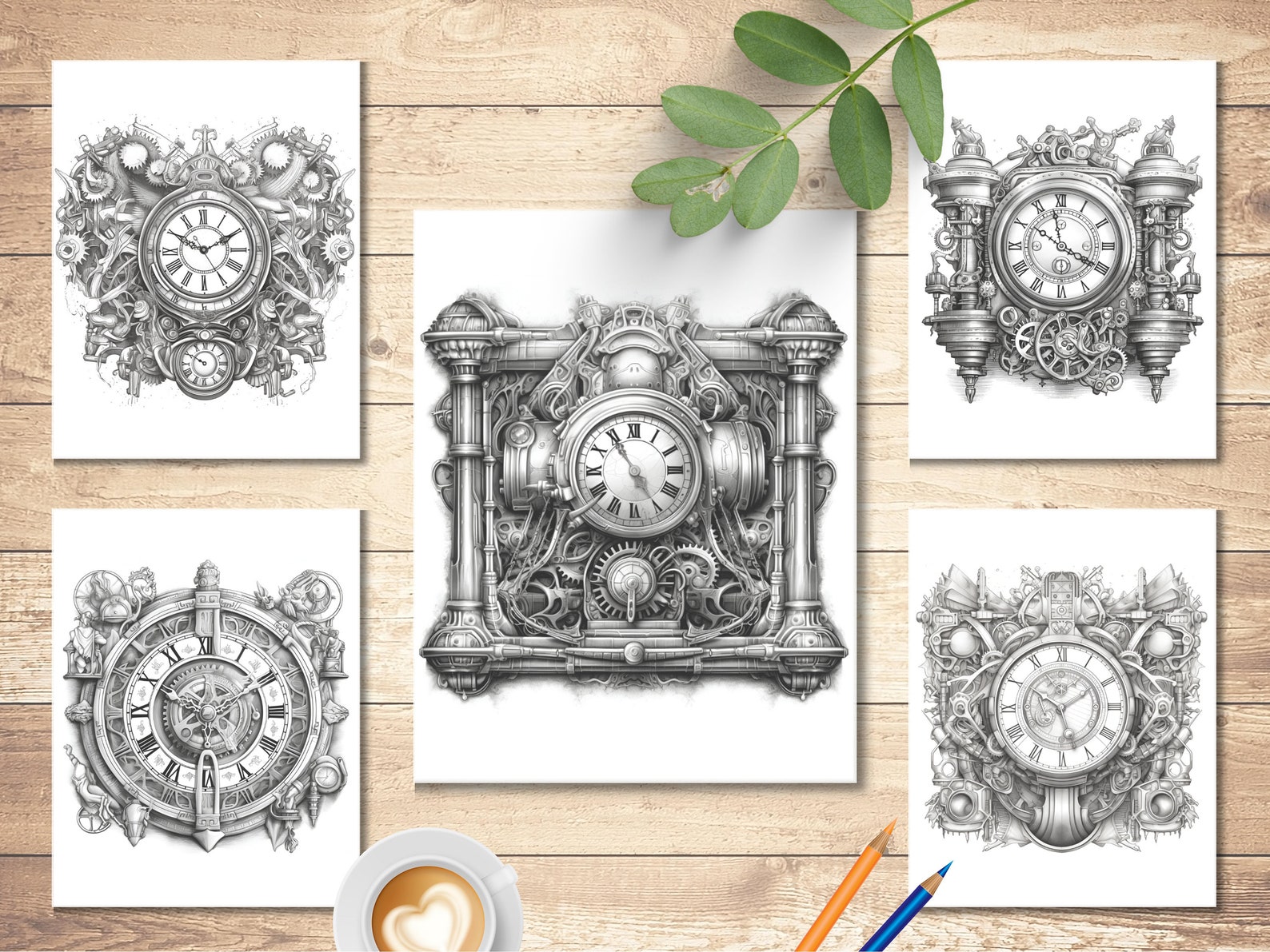 Steampunk Clock Coloring Book: Grayscale Printable Pages (PDF) - Etsy