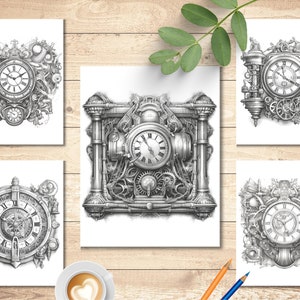 Steampunk Clock Coloring Book | Printable Adult and Kids Coloring Pages ...