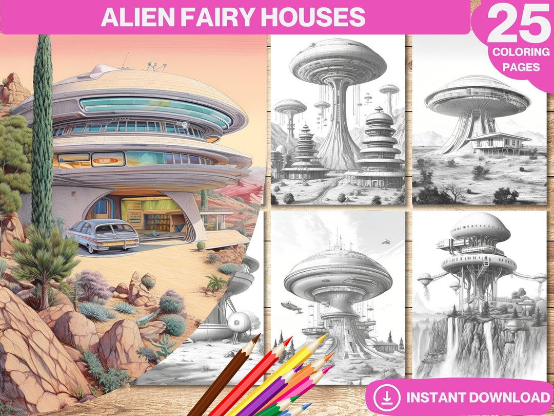 Alien Fairy Houses Coloring Book: Galaxy Fantasy Grayscale Pages ...