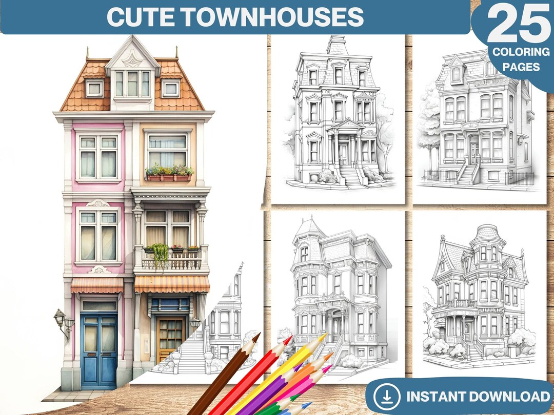 Cute Townhouses Coloring Book | Architecture Coloring Books | for ...