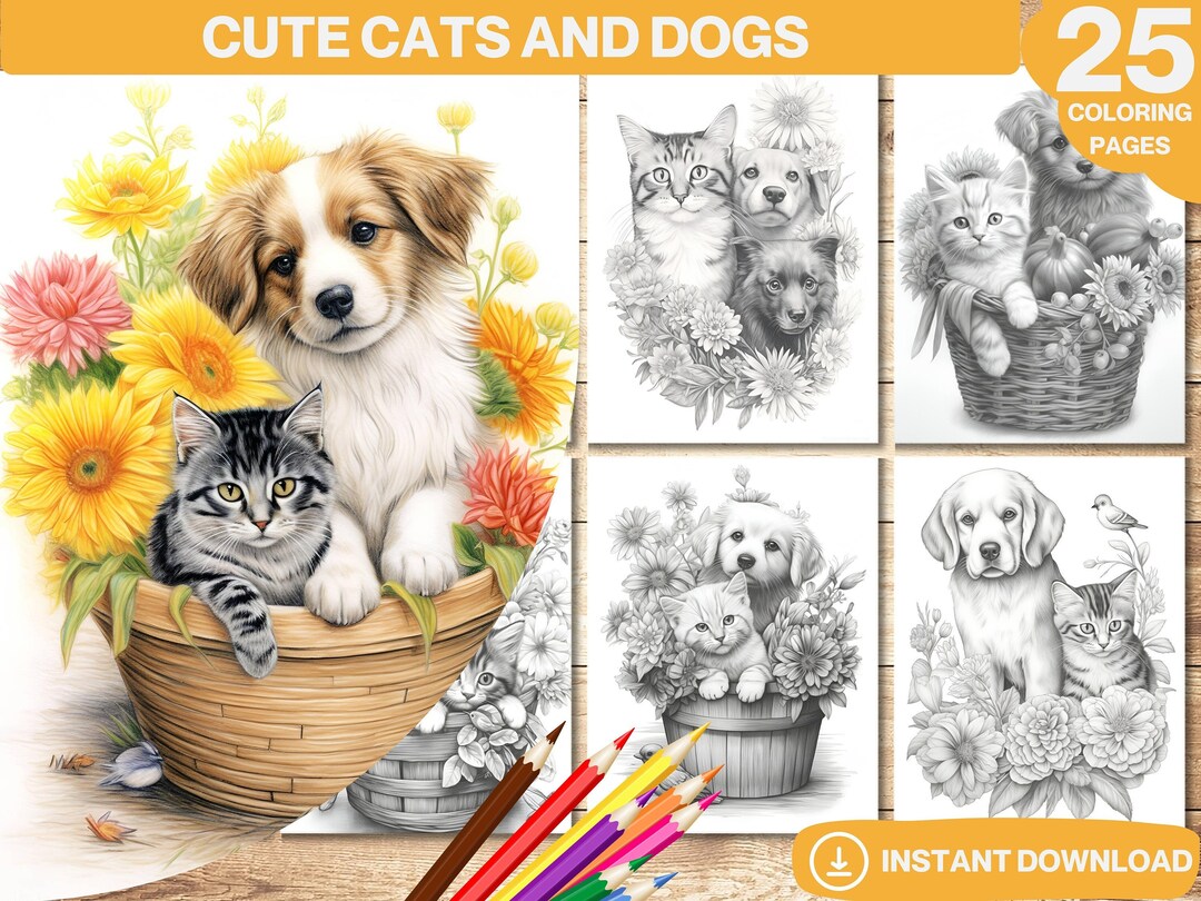 Cute Cats and Dogs Coloring Book | Printable Pages Digital | Grayscale ...
