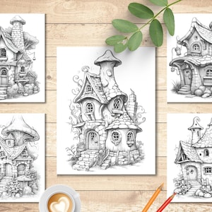 50 Enchanted Stone House Coloring Pages: Grayscale Cottages (printable ...