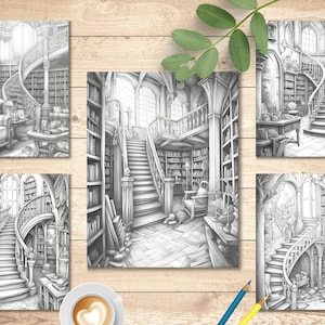 Enchanted Library Coloring Book | Adults Coloring Pages | Grayscale ...