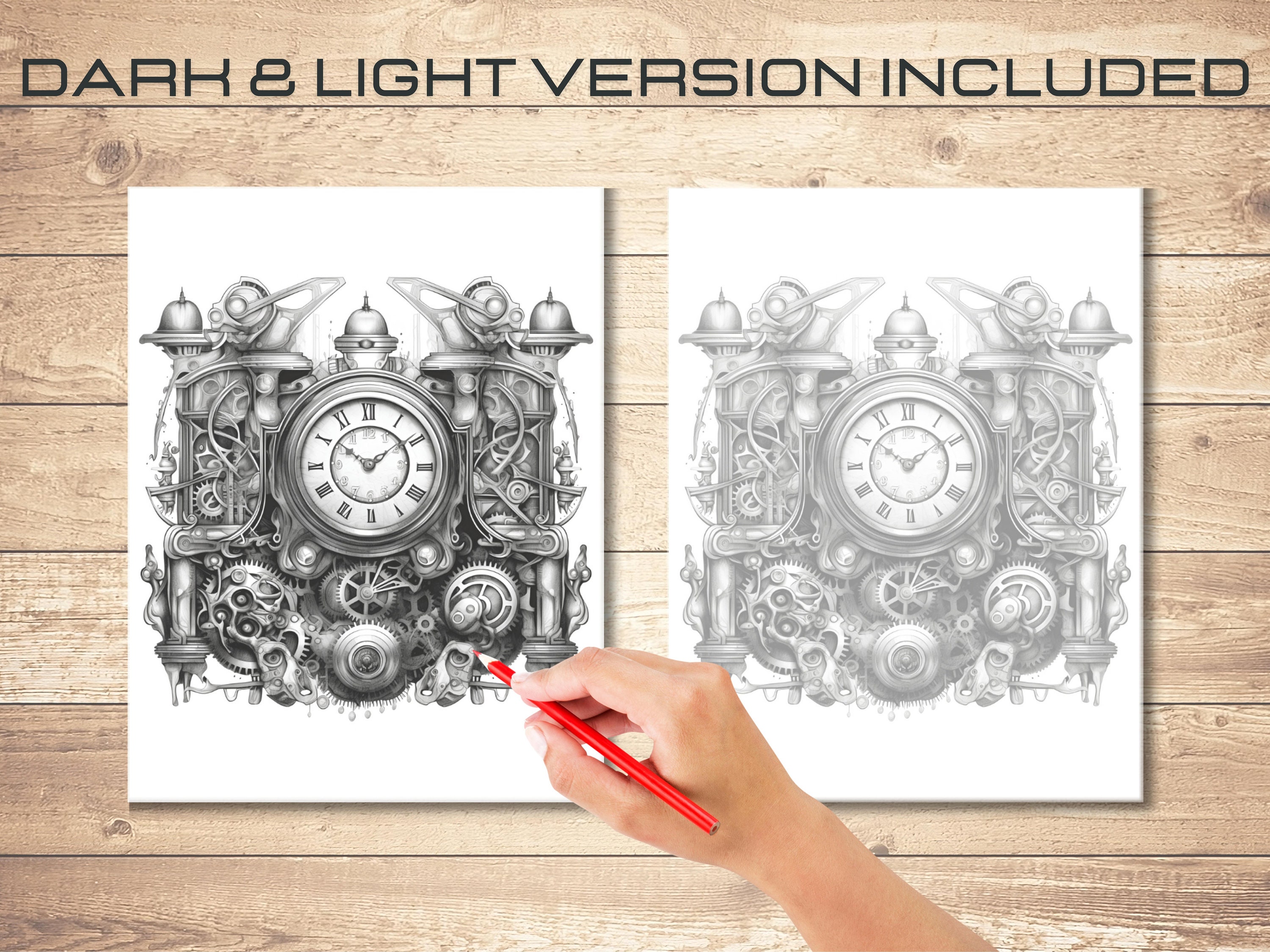 Steampunk Clock Coloring Book: Grayscale Printable Pages (PDF) - Etsy