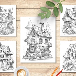 50 Enchanted Stone House Coloring Pages: Grayscale Cottages (printable ...
